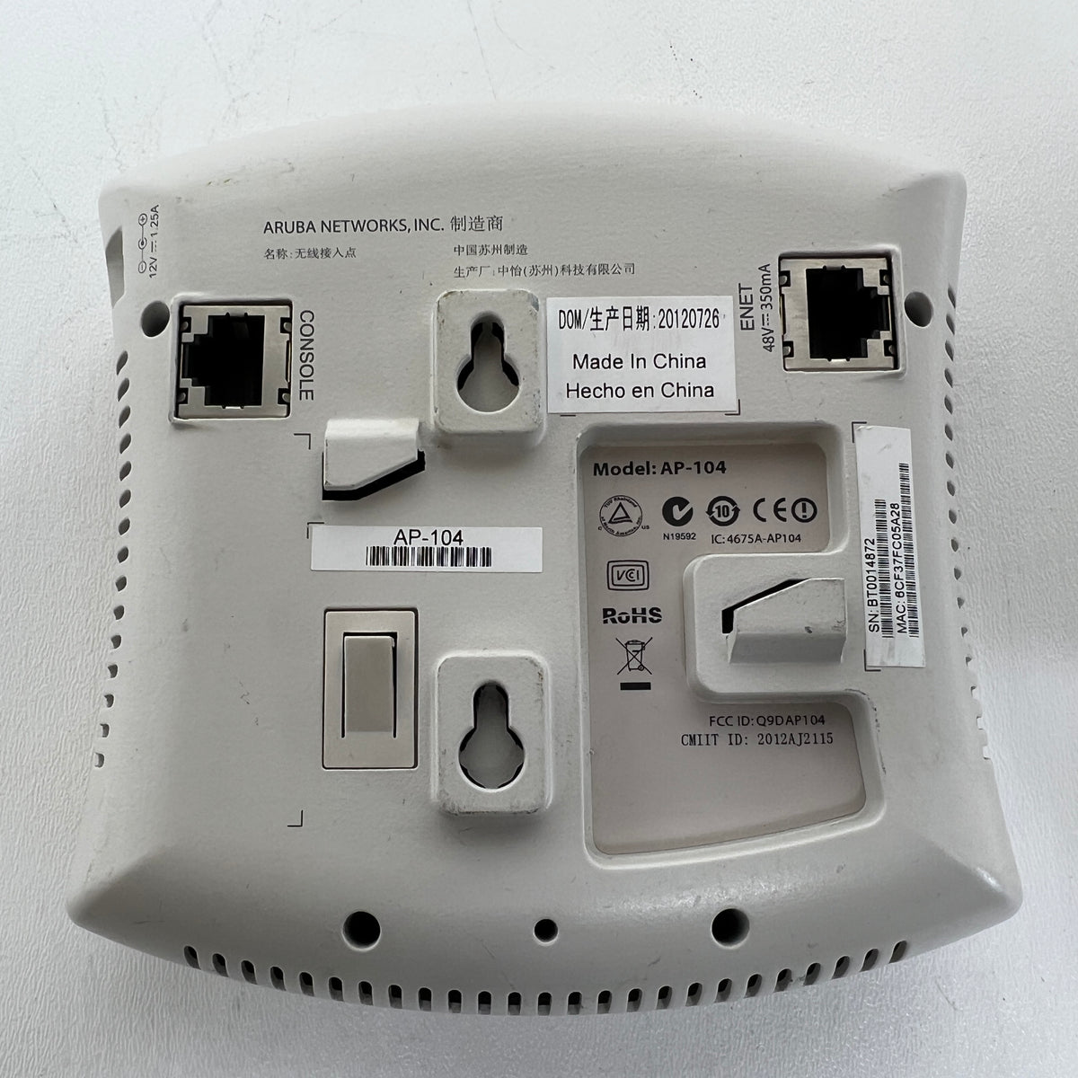 ARUBA AP-104 WIRELESS ACCESS POINT W/ FOUR ANTENNAS & Bracket (No Adap ...